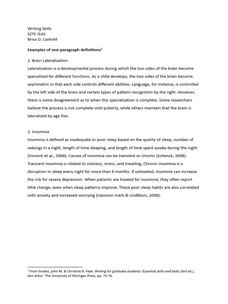 Example One-Paragraph Definitions | PDF | Sleep | Insomnia