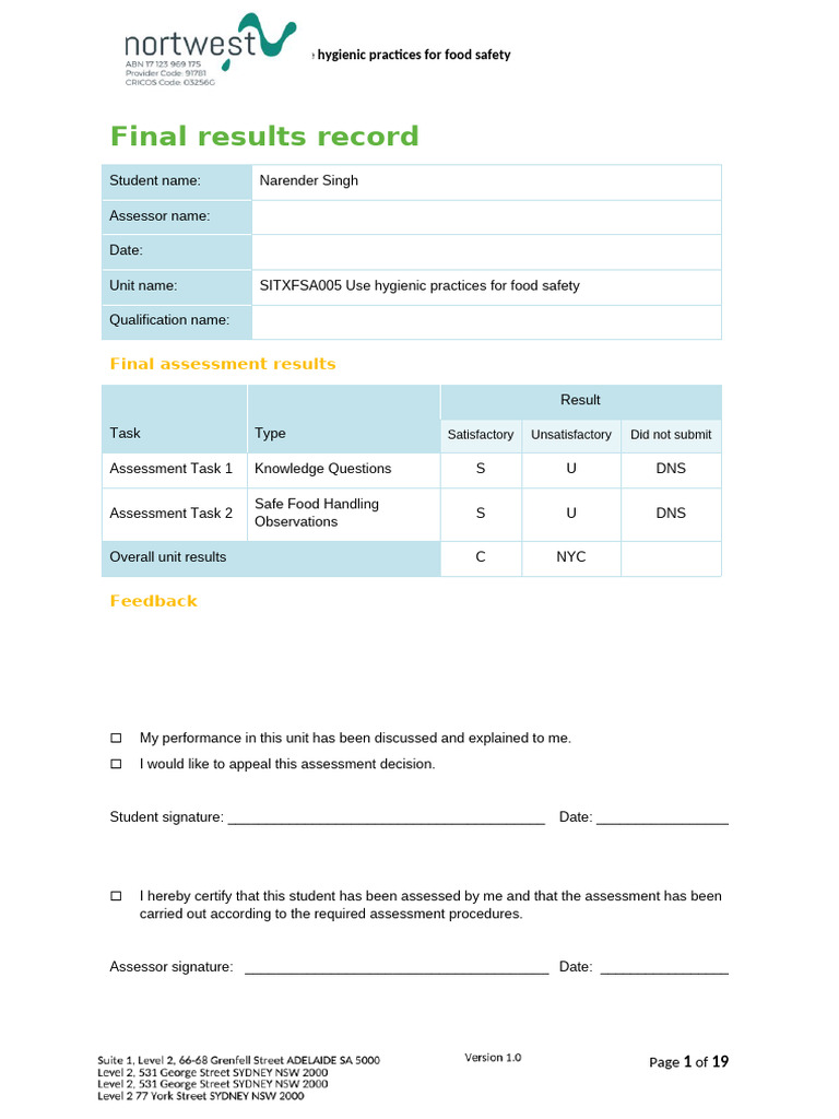 SITXFSA005 Student Assessment Tasks Version 1.0 | PDF | Food Safety ...