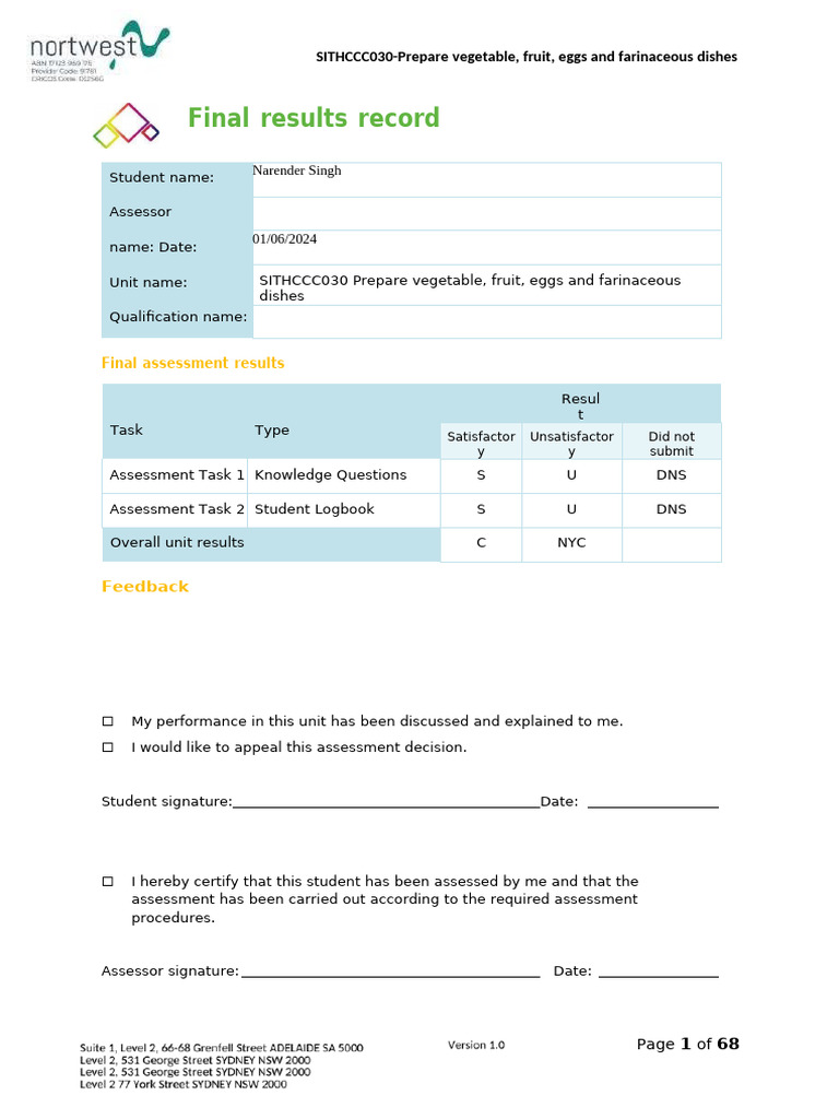 SITHCCC030 Student Assessment Tasks Version 1.0 | PDF | Cooking | Curry