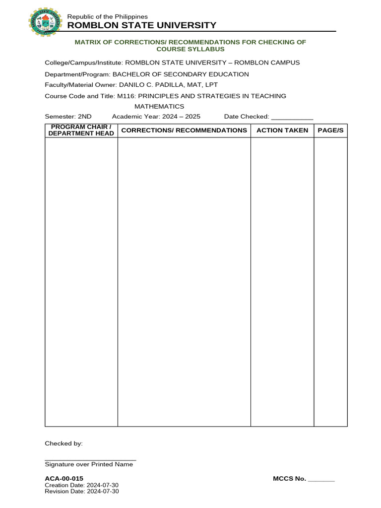 Aca 00 015 Matrix of Corrections For Course Syllabus | PDF
