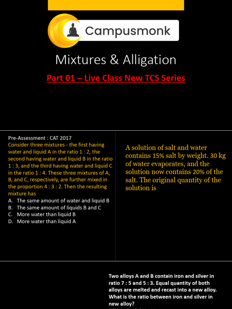 Mixtures and Alligation 01 | PDF | Ratio | Water