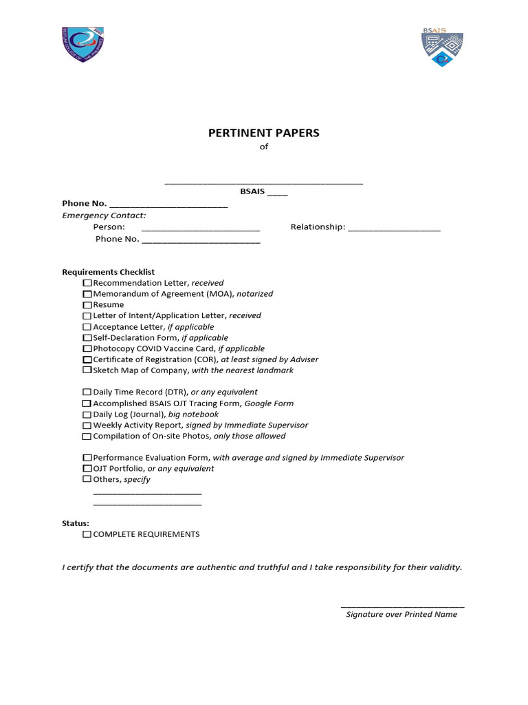 BSAIS Internship Requirements Checklist | PDF