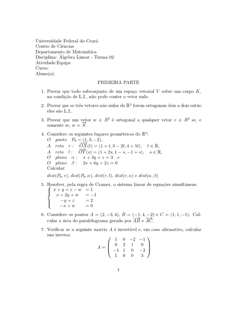Exercícios de Álgebra Linear | PDF