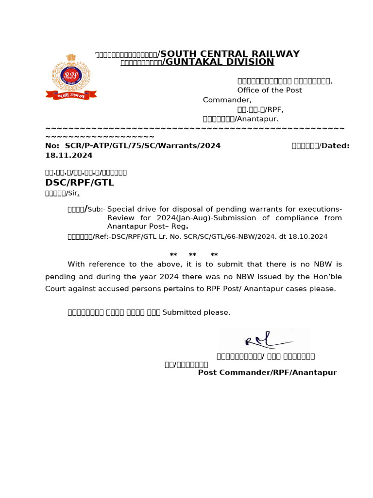 Reply Regarding Special Drive For Disposal of Pending Warrants For ...