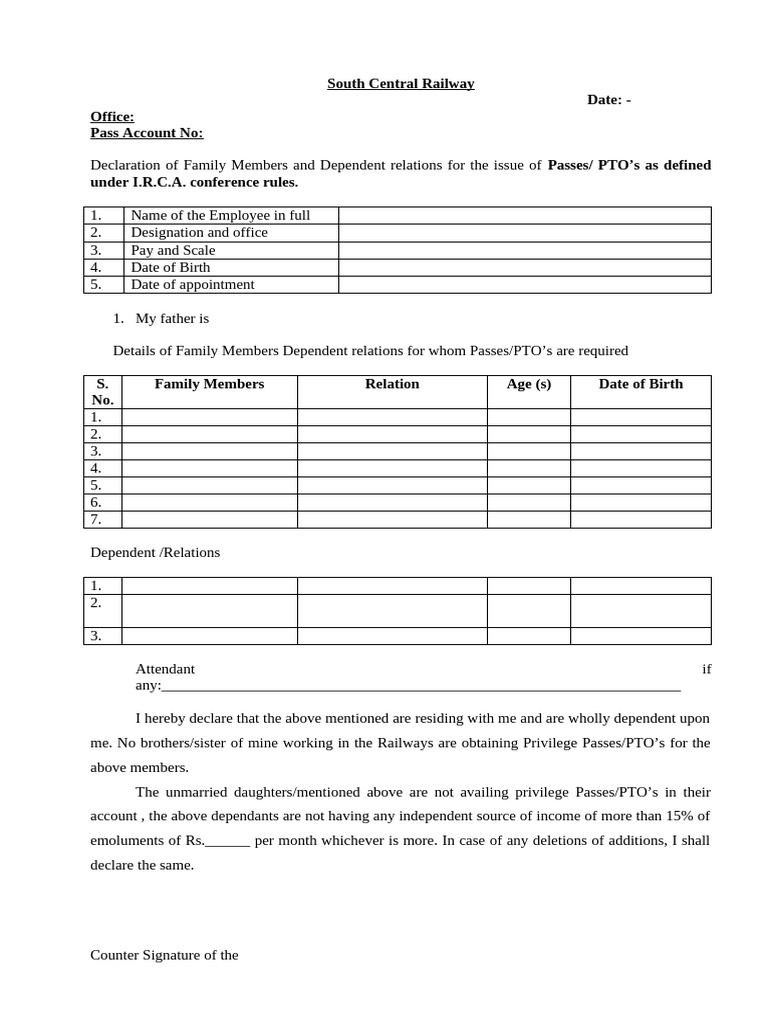 Family Declaration for Railway Passes | PDF | Employee Relations ...