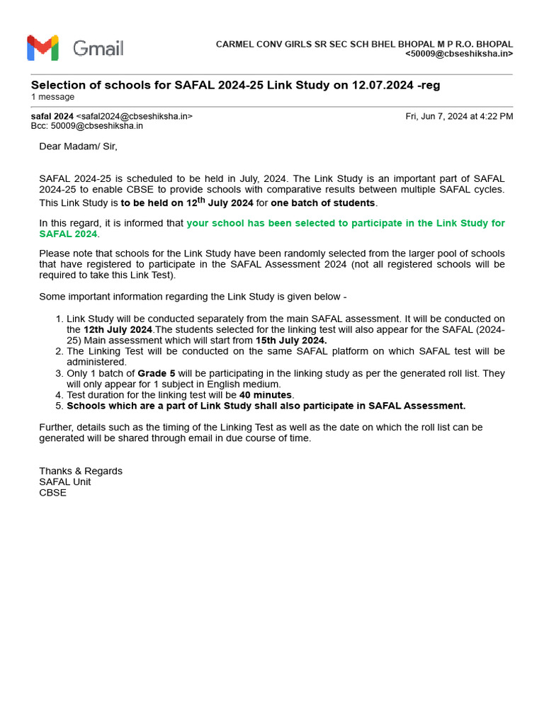 Central Board of Secondary Education Mail - Selection of Schools For ...