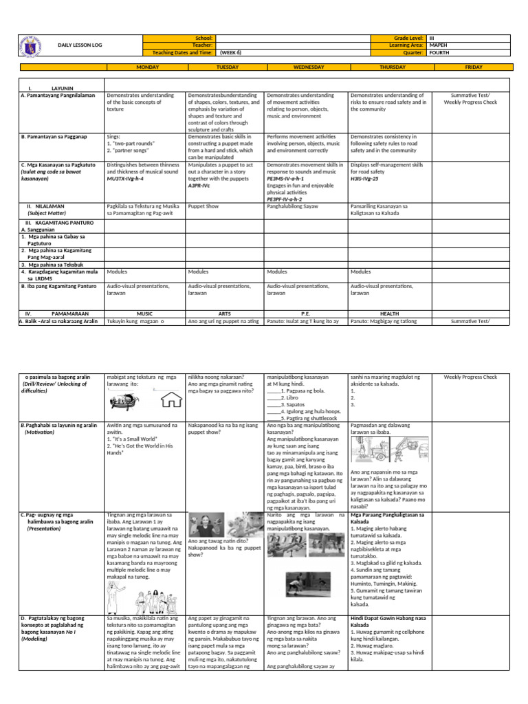 DLL - Mapeh 3 - Q4 - W6 | PDF