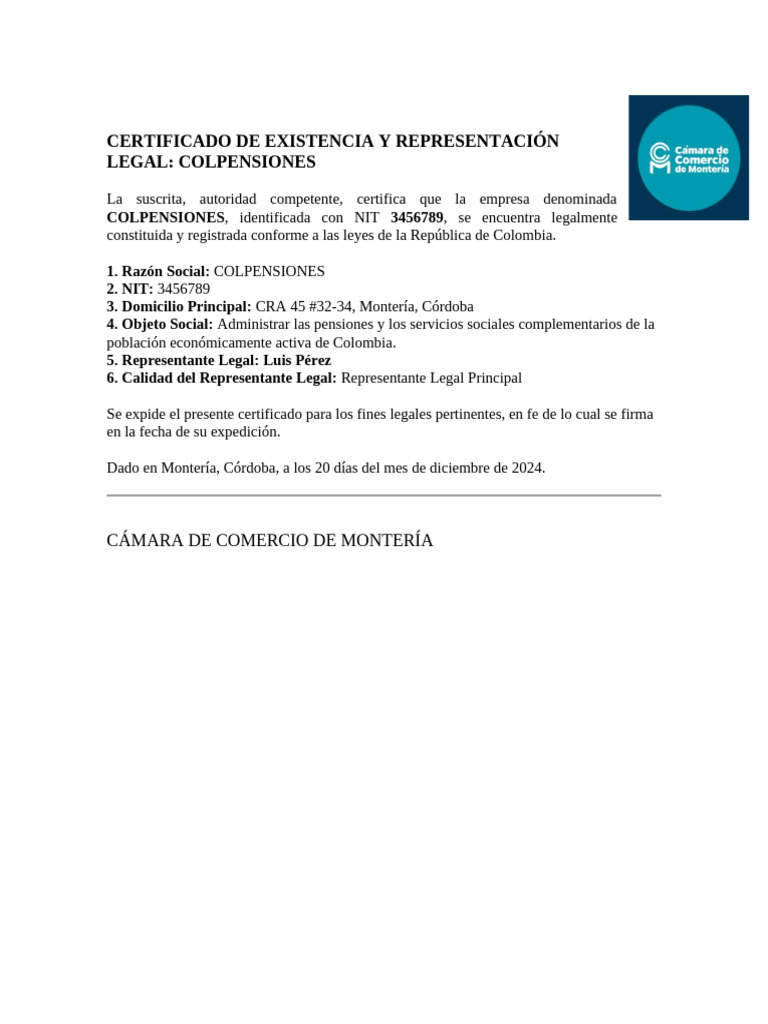 Certificado de Existencia y Representación Legal - Colpensiones | PDF