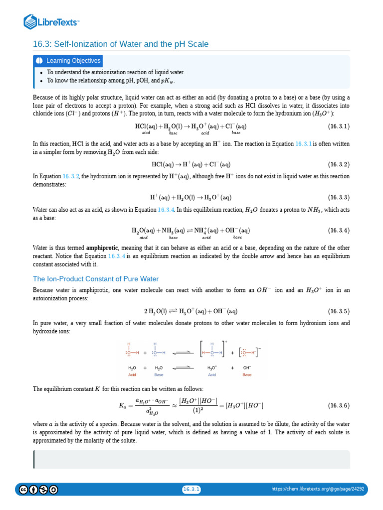 16.3 Self-Ionization of Water and The PH Scale | PDF | Acid | Ph