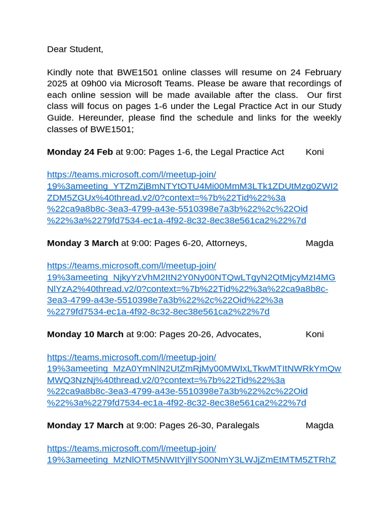 Semester 1 Bwe1501 Links and Schedule 2 | PDF