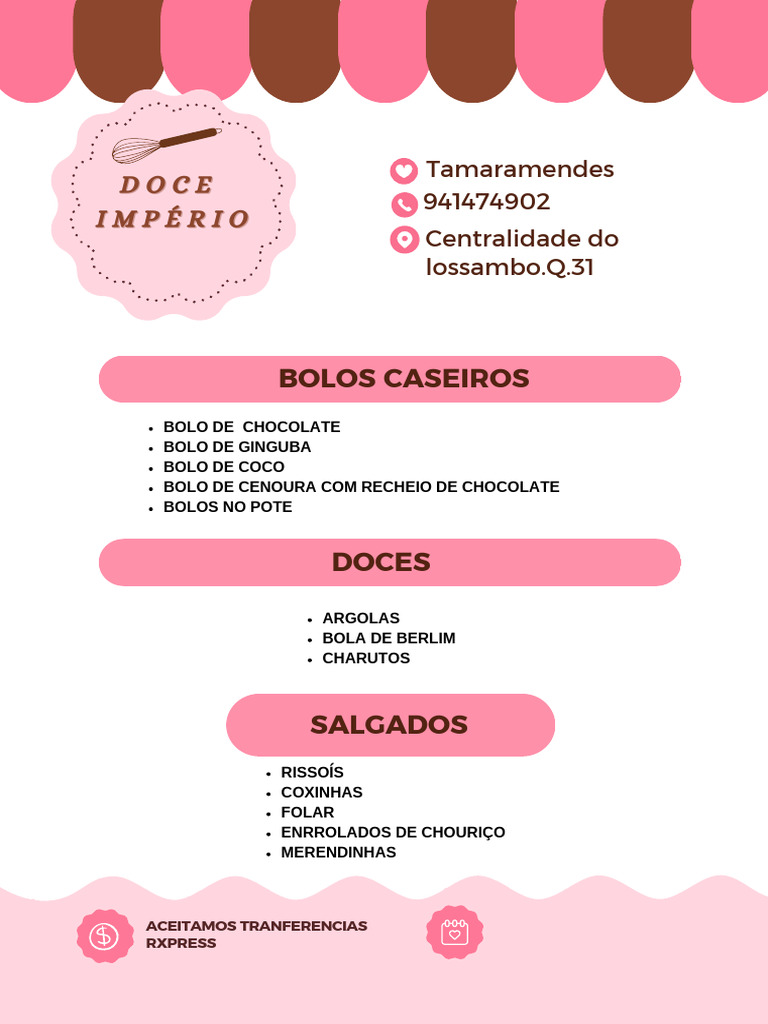 Menu de Bolos Confeitaria Moderno Rosa Marrom a4 | PDF