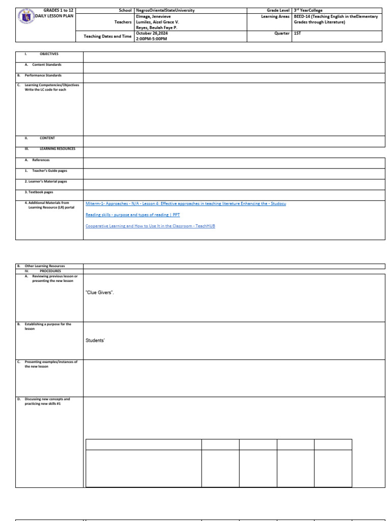 Lesson Plan BEED 14 Elmaga Lumiles Reyes | PDF | Lesson Plan | Learning