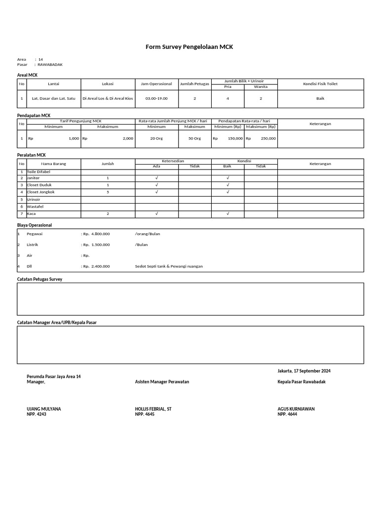 Form Survey Pendapatan MCK Pasar Rawabadak Area 14 TH 24 Ok | PDF