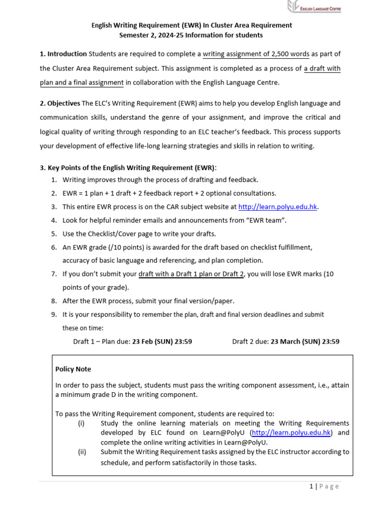 EWR Orientation handout ELC1A09 | PDF | Turnitin | Communication