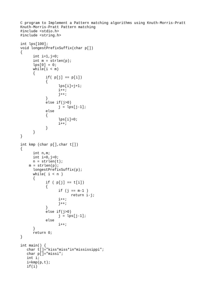 KMP Pattern Matching in C | PDF
