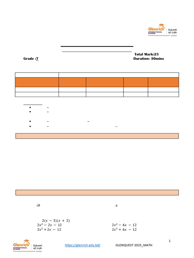 G7 - MATH - GLENQUEST - Sample Paper | PDF | Mathematics | Numbers