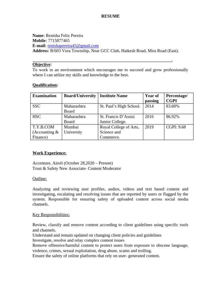 Trust & Safety Associate Resume | PDF