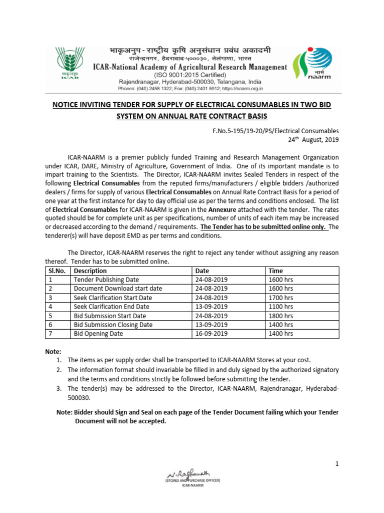 Technical Bid Electrical Consumables 26 H 19 | PDF | Electrical ...