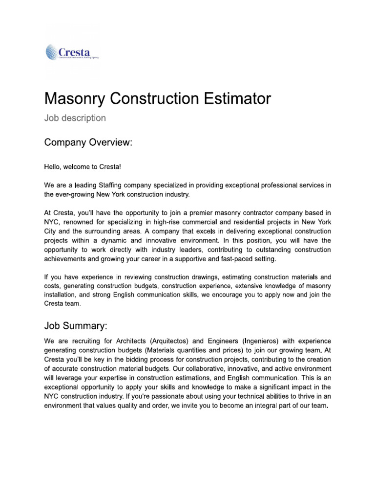 Cresta Masonry Construction Estimator Job Description | PDF