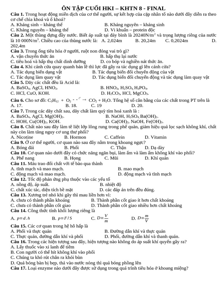 ĐỀ ÔN TẬP HKI - KHTN8 - Final | PDF