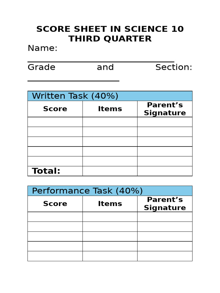 Score Sheet in Science | PDF