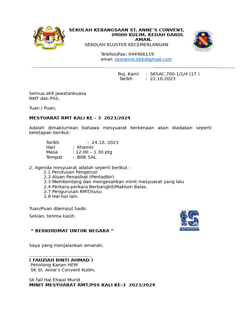 Minit Mesyuarat RMT Ke 3 2023 2024 | PDF