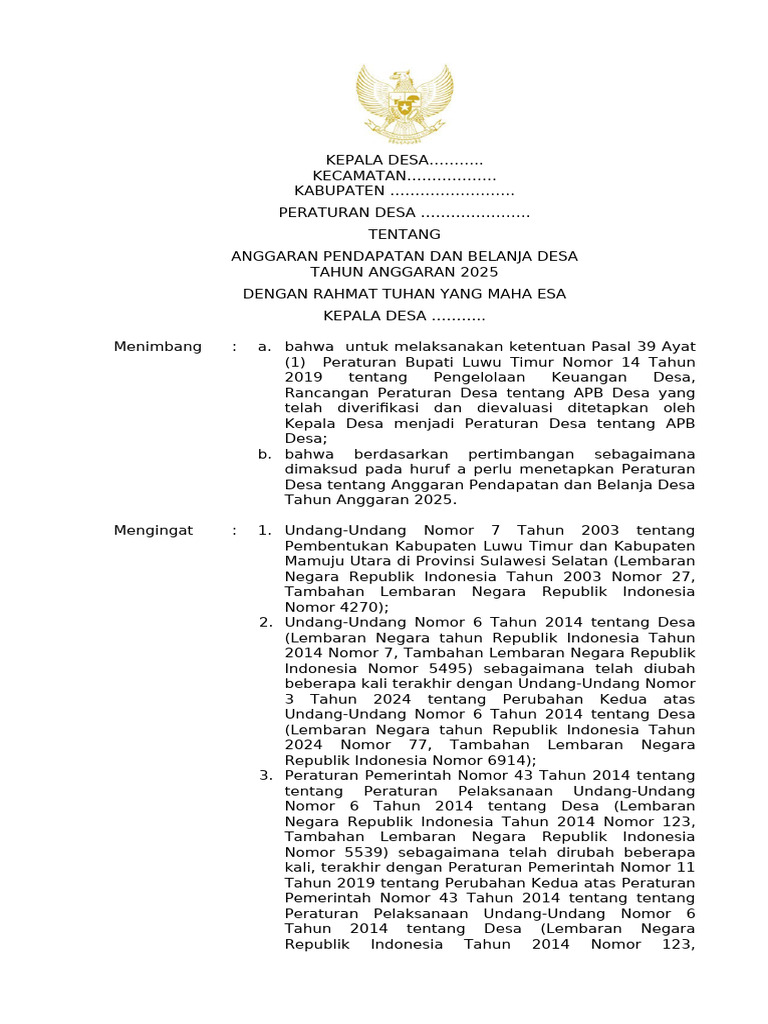 APB Desa 2025: Peraturan dan Kebijakan | PDF