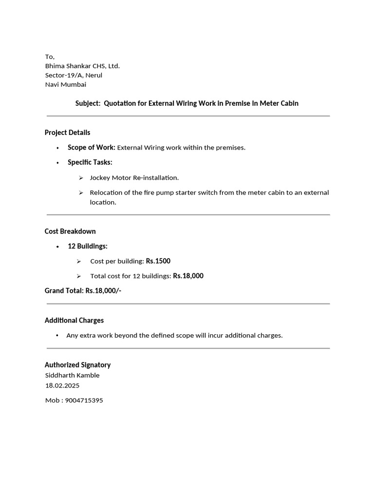 Quotation For External Wings Work in Primise in Meter Cabin-1 | PDF