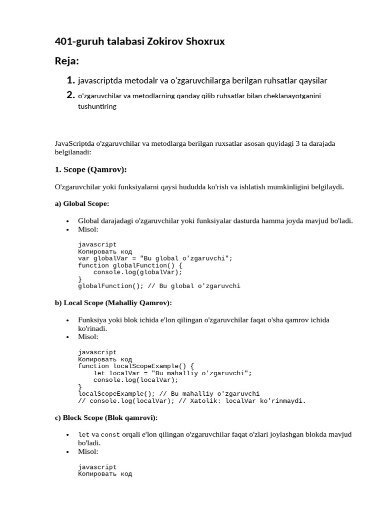 401-Guruh Talabasi Zokirov Shoxrux Reja: 1. 2.: Javascriptda Metodalr Va O'zgaruvchilarga ...