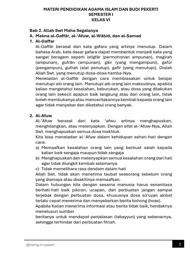 Materi PAI & BP Kelas VI Bab 2. Allah SWT Maha Segalanya PDF | PDF