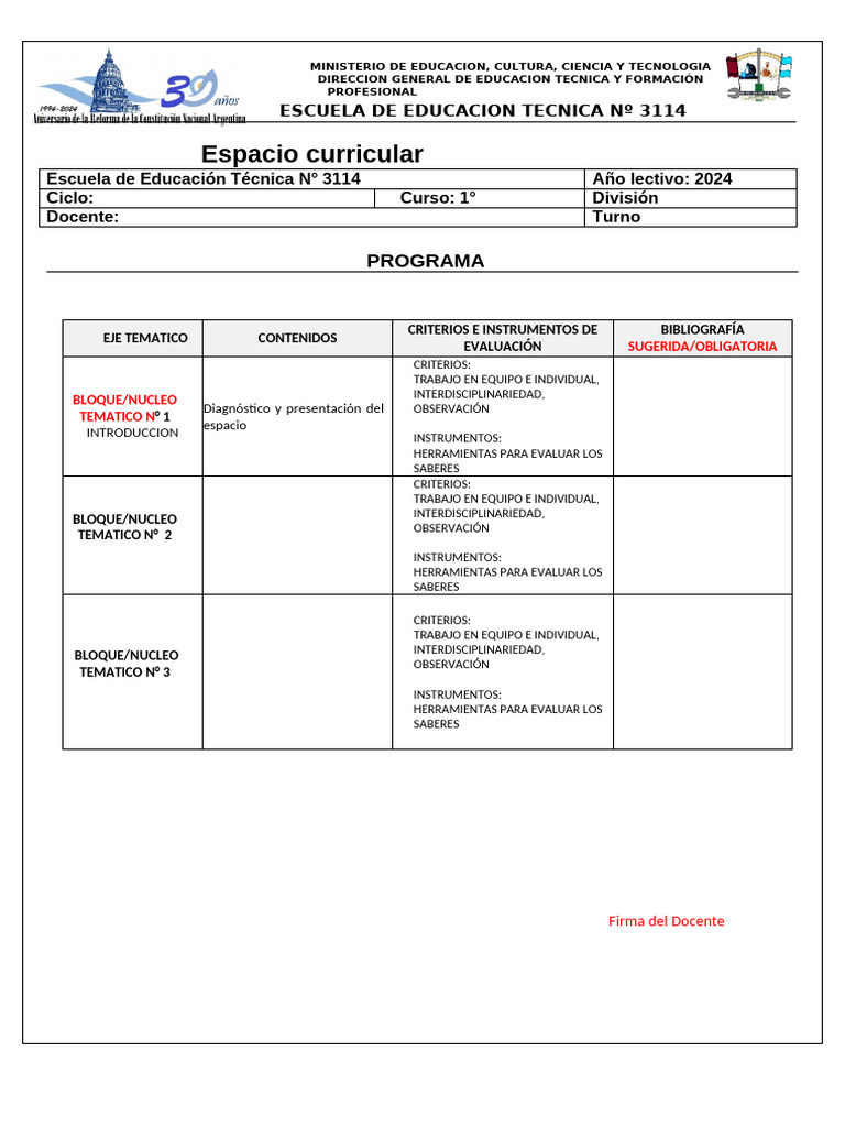 Programa Educativo 2024 Escuela Técnica 3114 | PDF | Aprendizaje