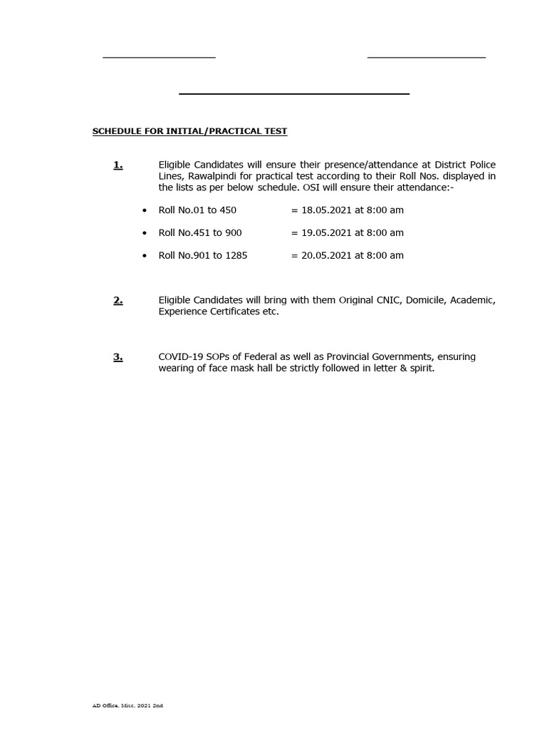 Schedule For Practical Test | PDF