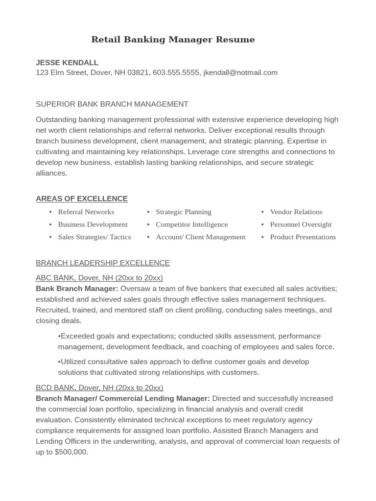 Retail Banking Manager Resume | PDF | Banks | Loans Retail Banking Manager Resume | PDF | Banks | Loans