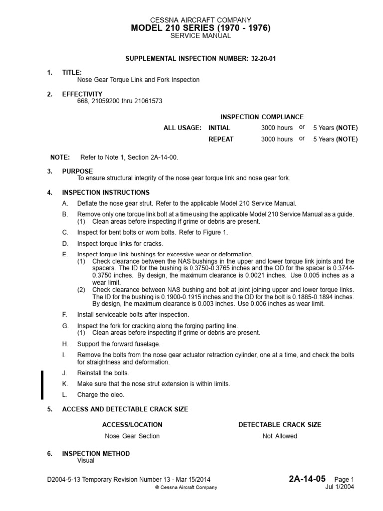 Supplemental Inspection Number 32-20-01 Nose Gear Torque Link and Fork ...