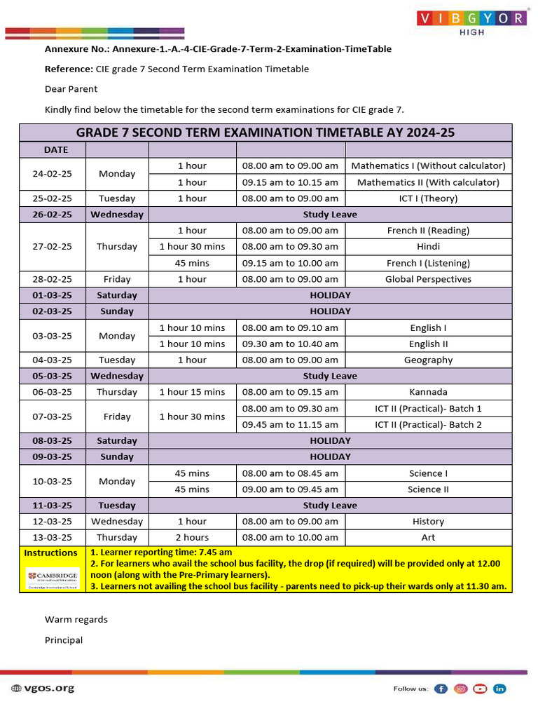 Annexure 1. A. 4 Cie Grade 7 Term 2 Examination Timetable | PDF