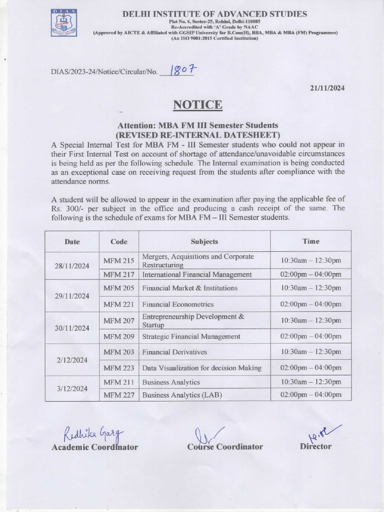 1807 - Revised Special Internal Test Datesheet MBA (FM) - III | PDF