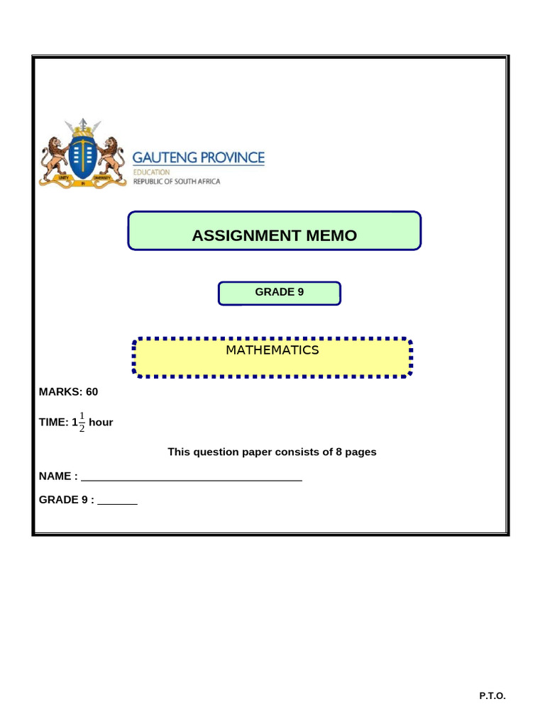 Grade 9 Mathematics Assignment Memo | PDF