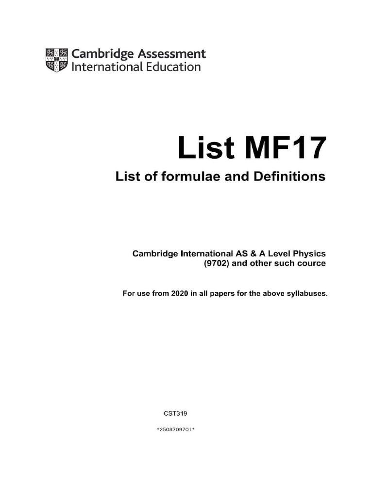 417318 List of Formulae and Definition (9702) | PDF