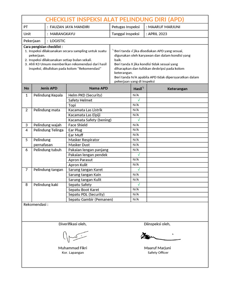 Checklist Inspeksi APD | PDF