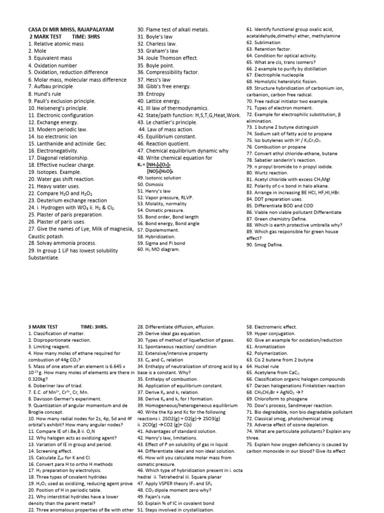 11th Che 2 Mark Test | PDF | Chemical Reactions | Chemical Bond