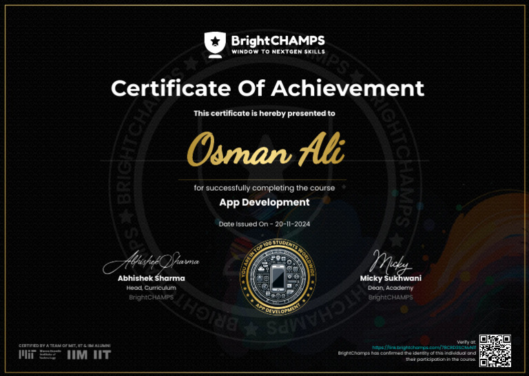 App - Development Certificate of Achievement For Osman Ali | PDF