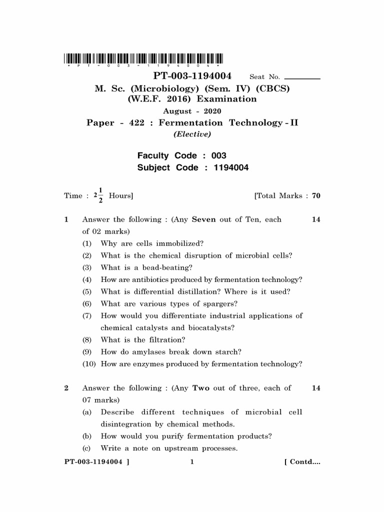 MSC (MIC-BIO) SEM-4 (2016) April-2020 - 0031194004 - FERMENTATION ...