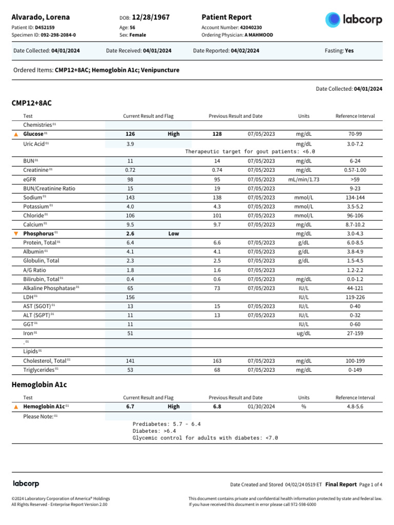 Alvarado, Lorena 12/28/1967 Patient Report: Ordered Items: CMP12+8AC ...