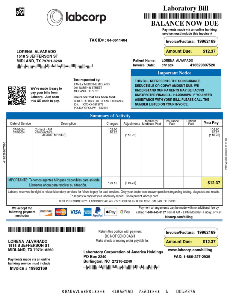 Labcorp Invoice Summary for Patient | PDF | Social Programs | Health Care