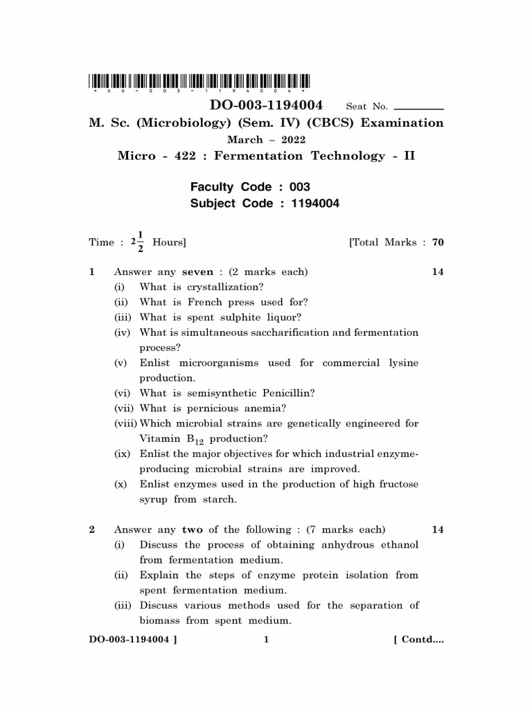 MSC (MICBIO) SEM-4 (2016) March-2022 FERMENTATION TECHNOLOGY II | PDF