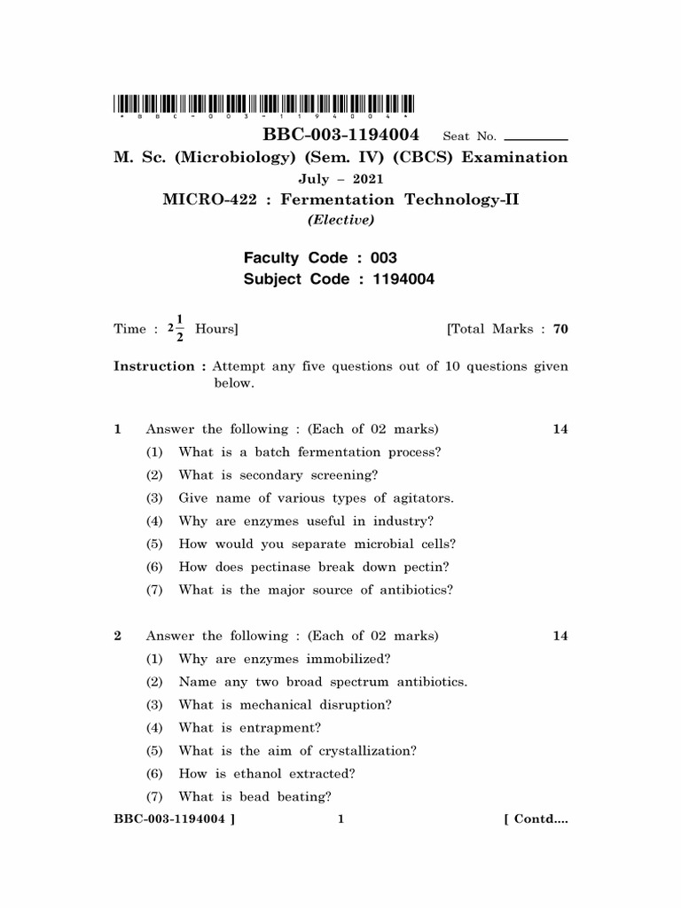 MSC (MIC-BIO) SEM-4 (2016) July-2021 FERMENTATION TECHNOLOGY II | PDF