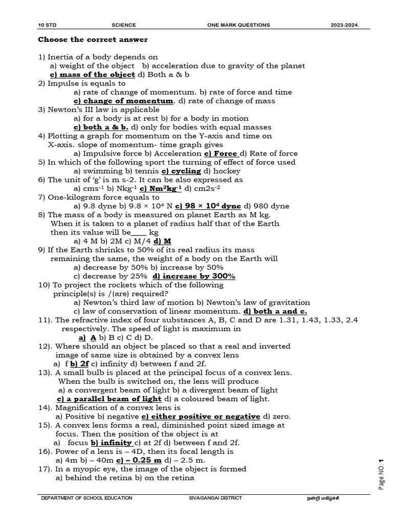 10th Grade Science One Mark Questions | PDF | Radioactive Decay | Gamma Ray