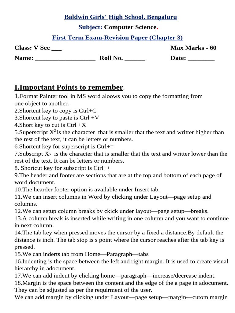 I.Important Points To Remember: Baldwin Girls High School, Bengaluru Subject: First Term Exam ...