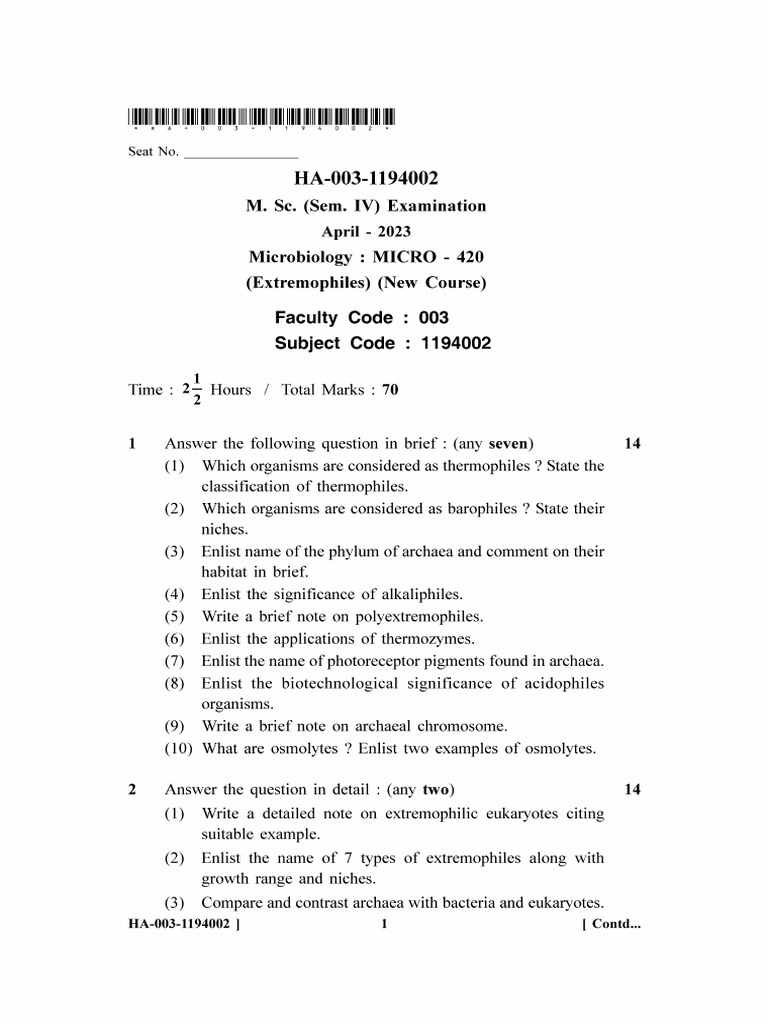 MSC (MIC-BIO) SEM-4 (2016) April-2023 EXTREMOPHILES | PDF | Archaea ...