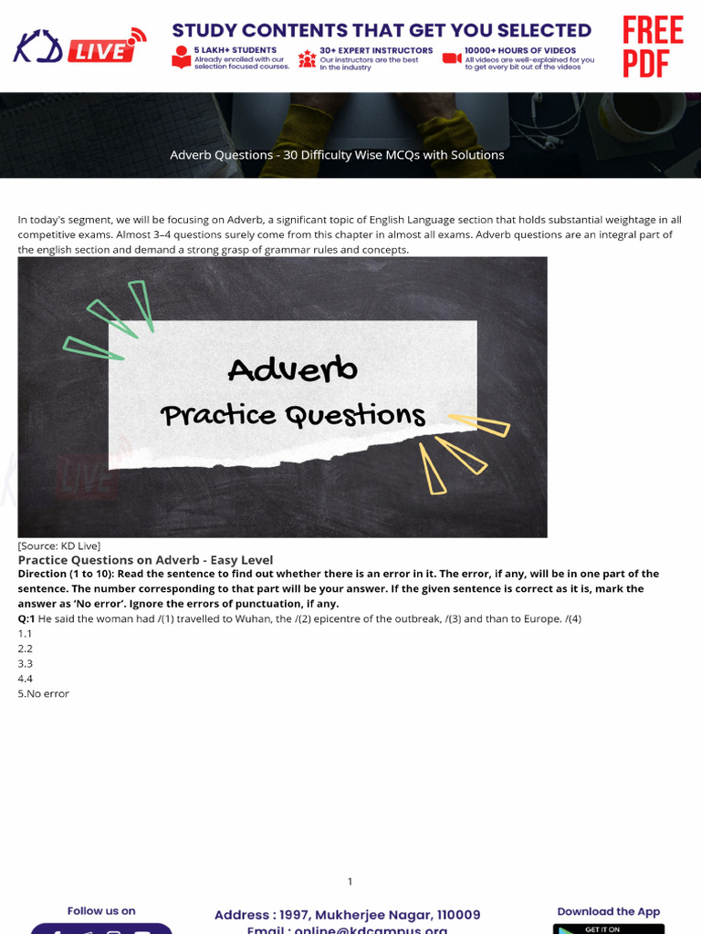 Adverb Questions 30 Difficulty Wise Mcqs With Solutions | PDF